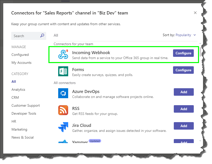 Webhook for Microsoft Teams